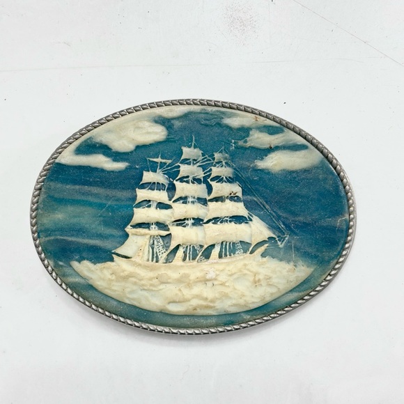 Vintage | Accessories | Vintage 7s Ship Nautical Incolay Stone Carved ...